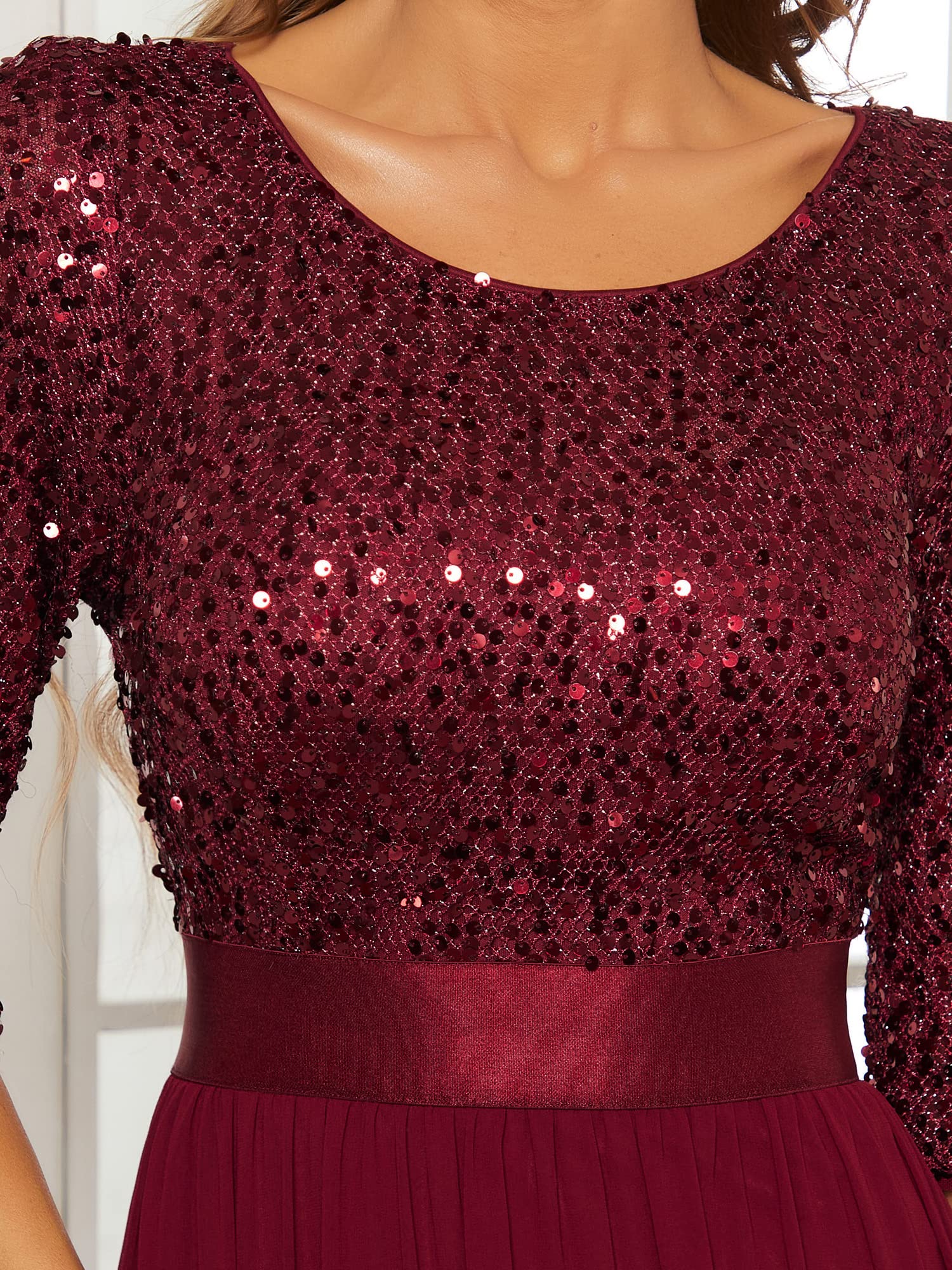 Ever-Pretty Women's Elegant A Line Crew Neck Half Sleeve Sequin Maxi Evening Dress Burgundy US24