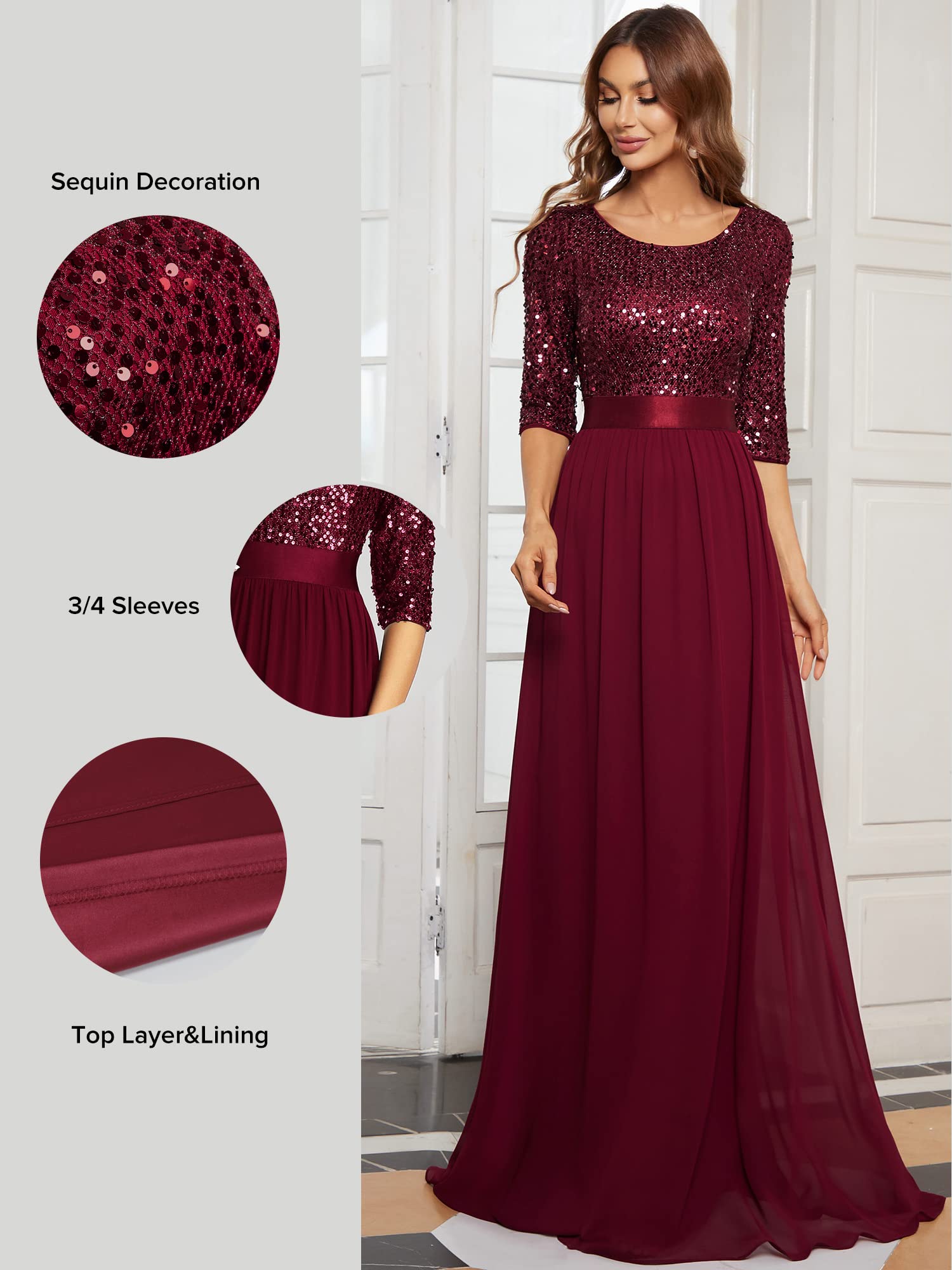 Ever-Pretty Women's Elegant A Line Crew Neck Half Sleeve Sequin Maxi Evening Dress Burgundy US24