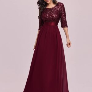 Ever-Pretty Women's Elegant A Line Crew Neck Half Sleeve Sequin Maxi Evening Dress Burgundy US24