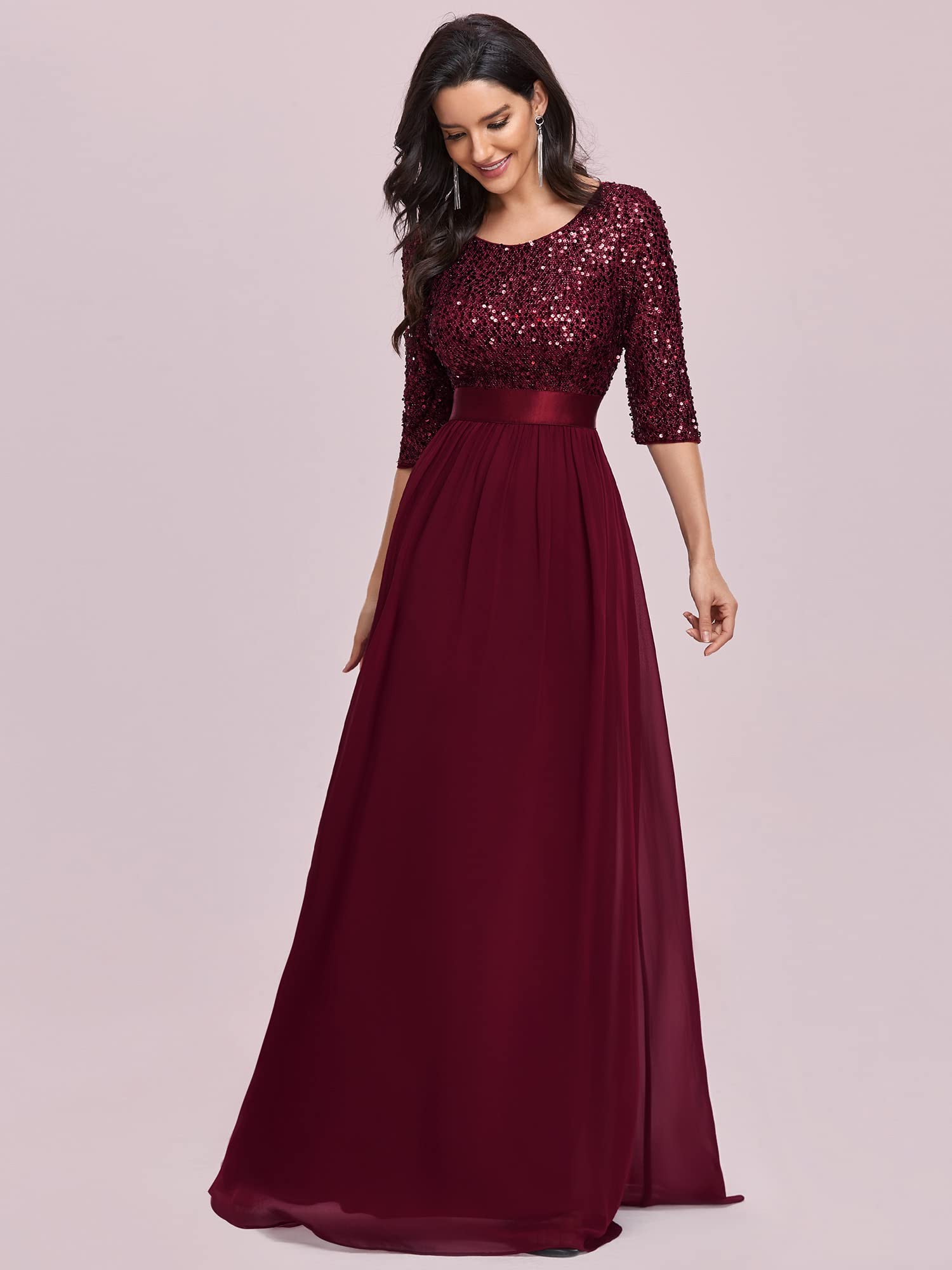 Ever-Pretty Women's Elegant A Line Crew Neck Half Sleeve Sequin Maxi Evening Dress Burgundy US24