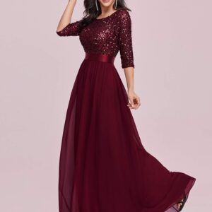 Ever-Pretty Women's Elegant A Line Crew Neck Half Sleeve Sequin Maxi Evening Dress Burgundy US24