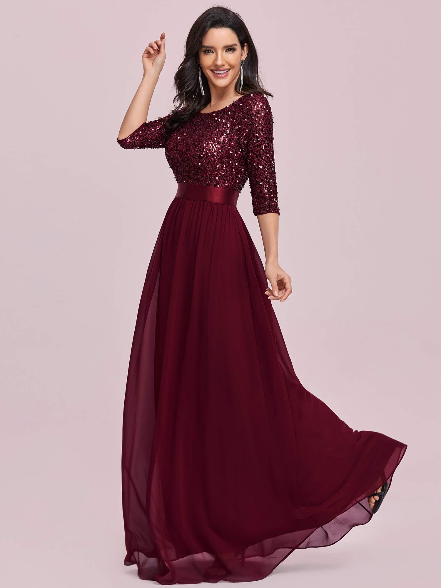 Ever-Pretty Women's Elegant A Line Crew Neck Half Sleeve Sequin Maxi Evening Dress Burgundy US24