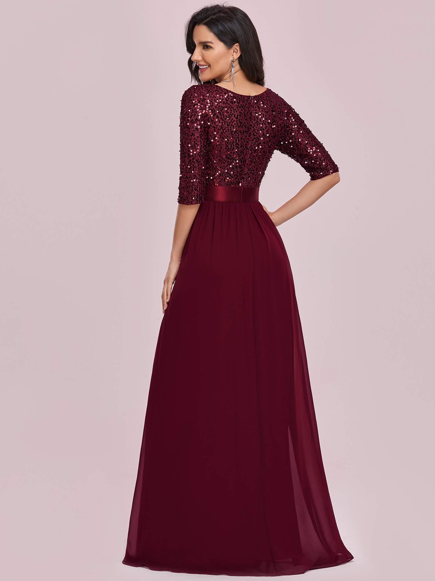 Ever-Pretty Women's Elegant A Line Crew Neck Half Sleeve Sequin Maxi Evening Dress Burgundy US24