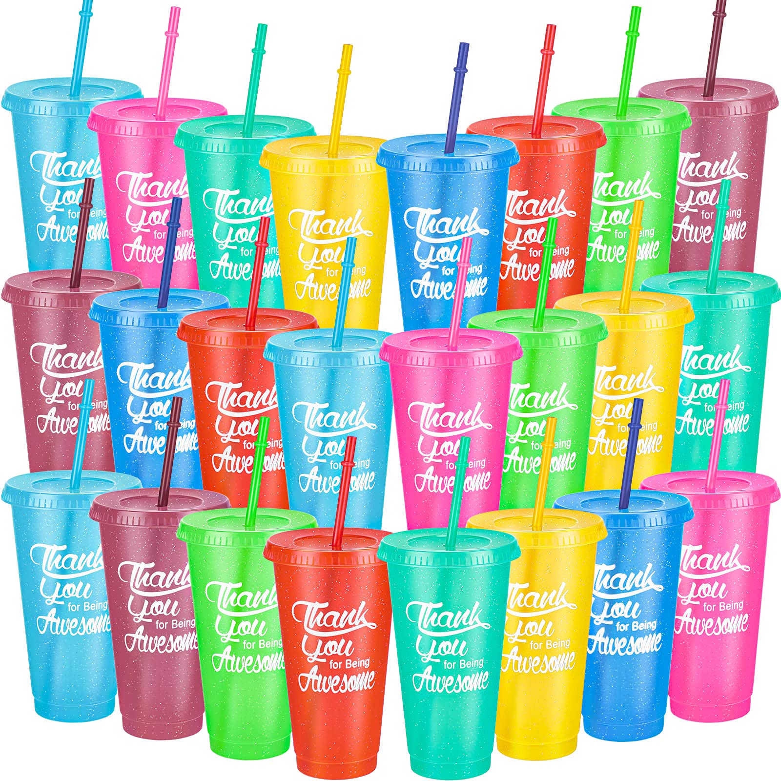 Sieral Tumbler with Straw and Lid Thank You Cups 24 oz Reusable Plastic Cups Iced Coffee Water Bottle Bulk Cold Drink Travel Mug Cup Plastic Cups for Employees Party Birthday(Bright Color, 24 Pcs)