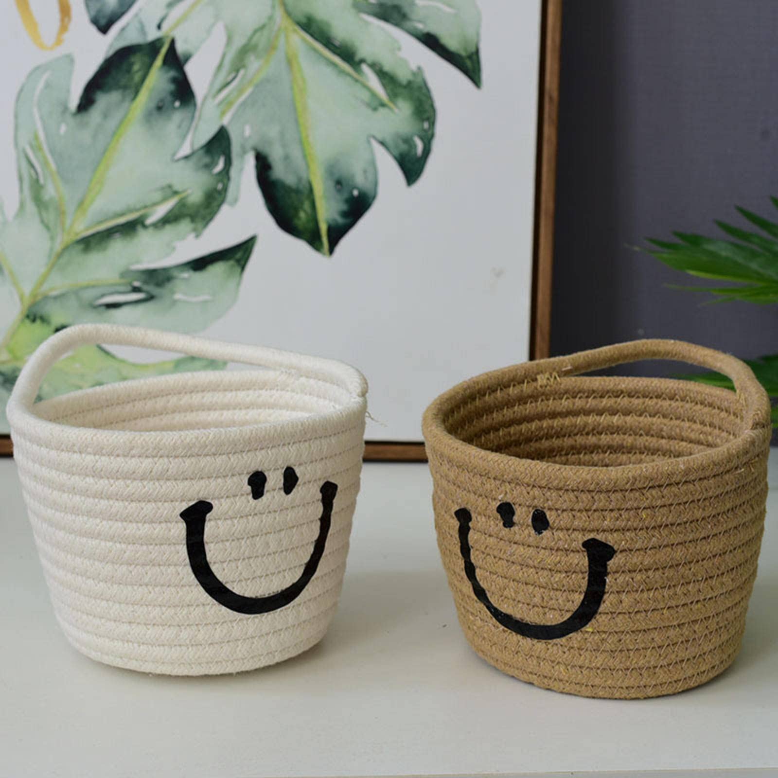 MBETA Smiley face Storage Basket Cosmetics Wall Mounted Woven Rattan Basket Storage