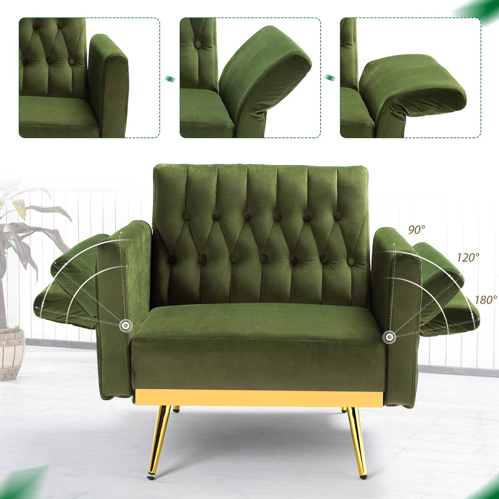 ACMEASE Velvet Accent Chair w/Adjustable Armrests and Backrest, Button Tufted Lounge Chair, Single Recliner Armchair with Ottoman and Pillow for Living Room, Bedroom,Olive Green