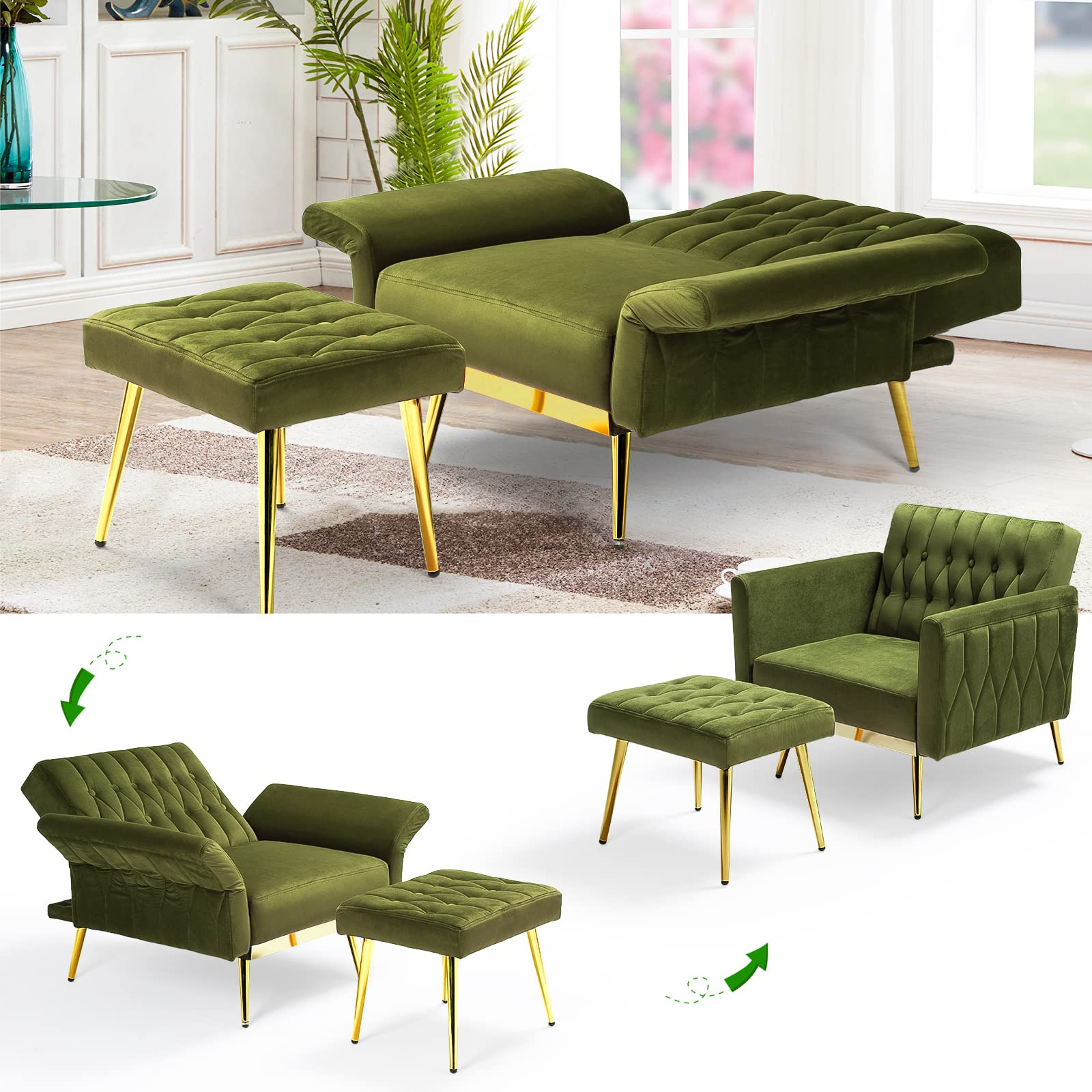 ACMEASE Velvet Accent Chair w/Adjustable Armrests and Backrest, Button Tufted Lounge Chair, Single Recliner Armchair with Ottoman and Pillow for Living Room, Bedroom,Olive Green