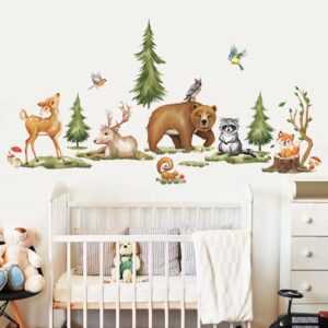 wondever woodland animals wall stickers bear deer fox pine tree peel and stick wall art decals for kids bedroom baby nursery living room