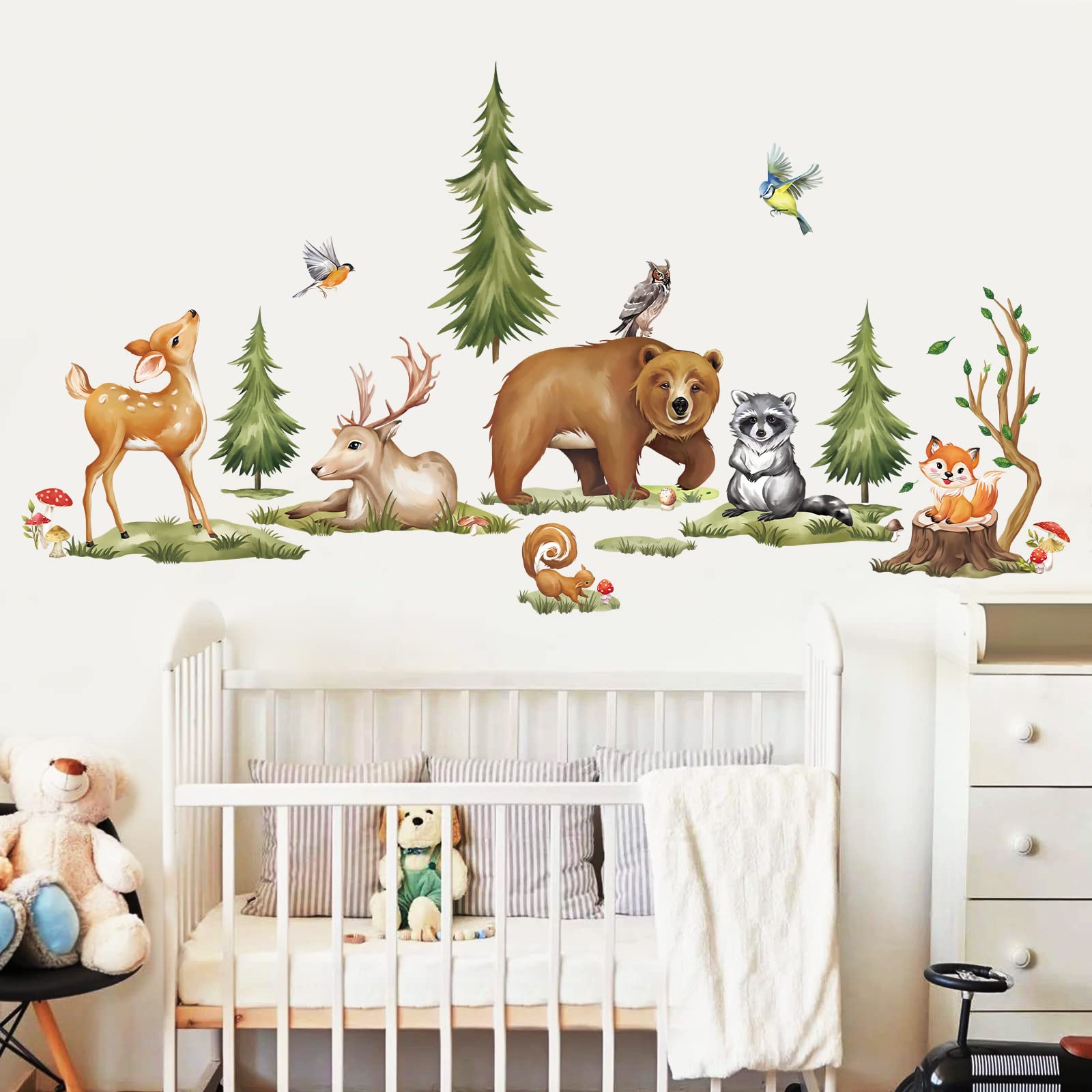 wondever Woodland Animals Wall Stickers Bear Deer Fox Pine Tree Peel and Stick Wall Art Decals for Kids Bedroom Baby Nursery Living Room