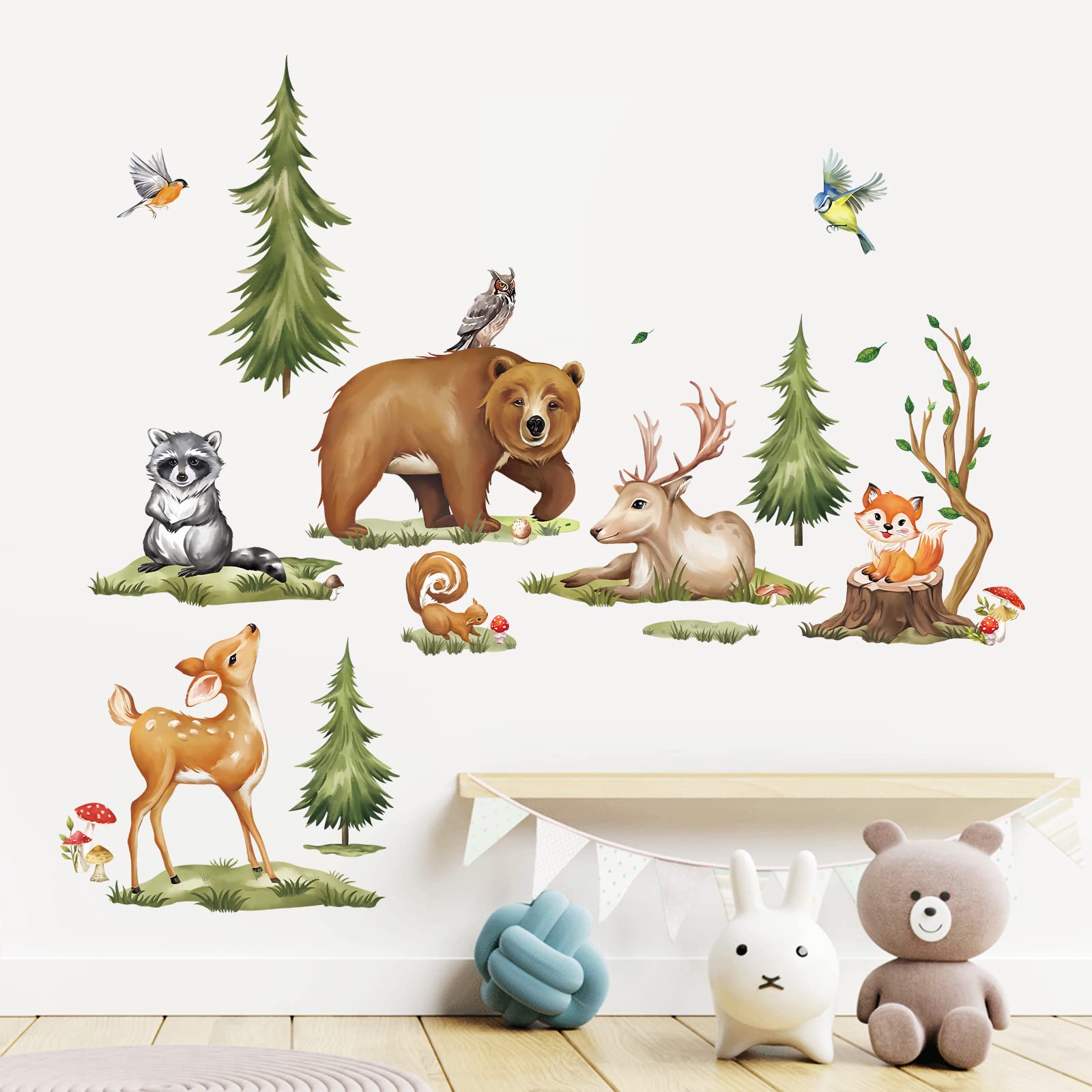 wondever Woodland Animals Wall Stickers Bear Deer Fox Pine Tree Peel and Stick Wall Art Decals for Kids Bedroom Baby Nursery Living Room