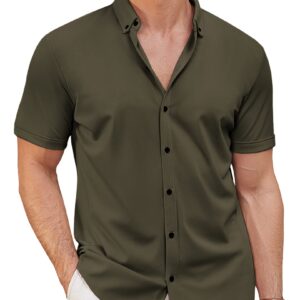 COOFANDY Mens Shirt Dress Button Up Wrinkle Free Casual Slim Fit, Army Green, Medium, Short Sleeve