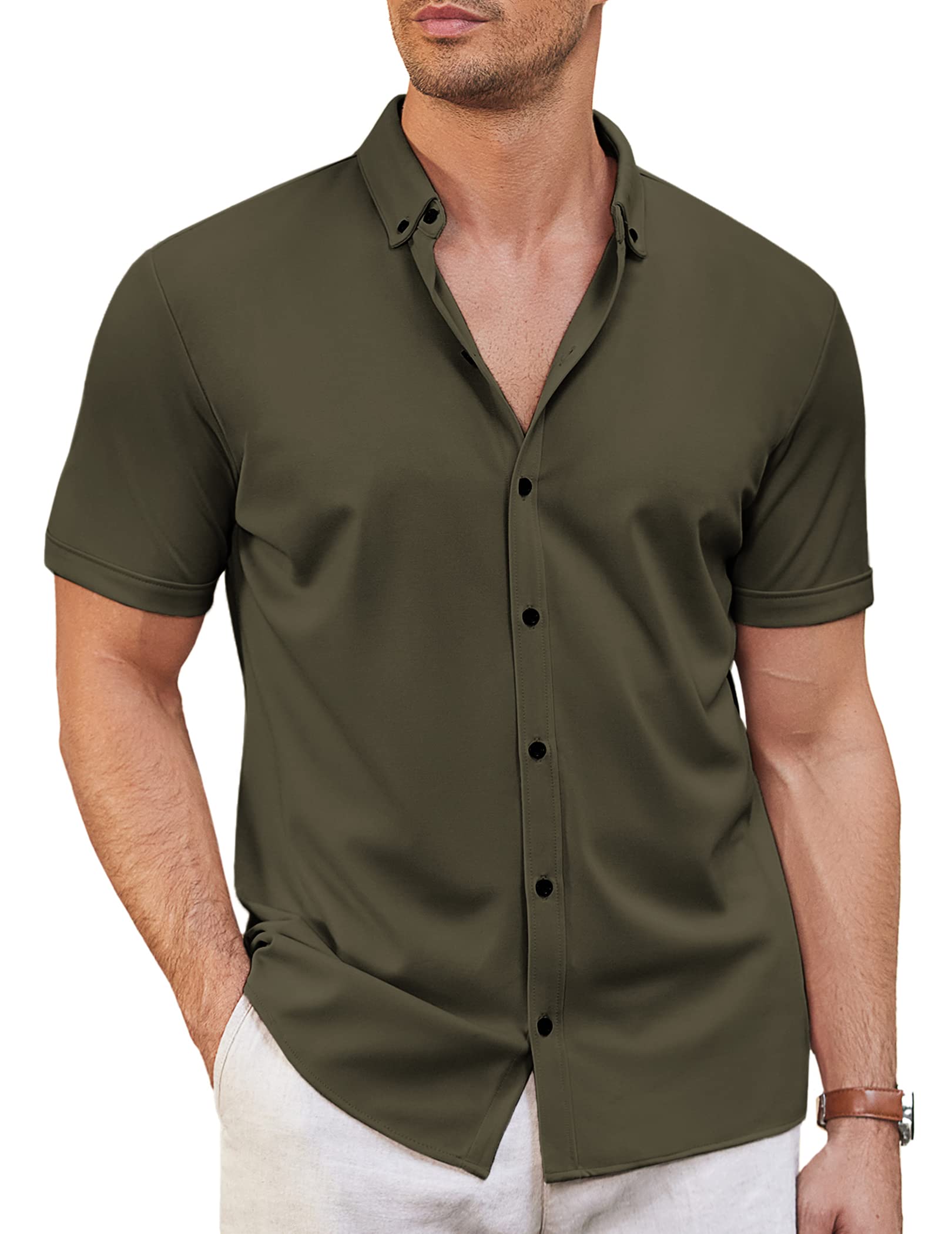 COOFANDY Mens Shirt Dress Button Up Wrinkle Free Casual Slim Fit, Army Green, Medium, Short Sleeve