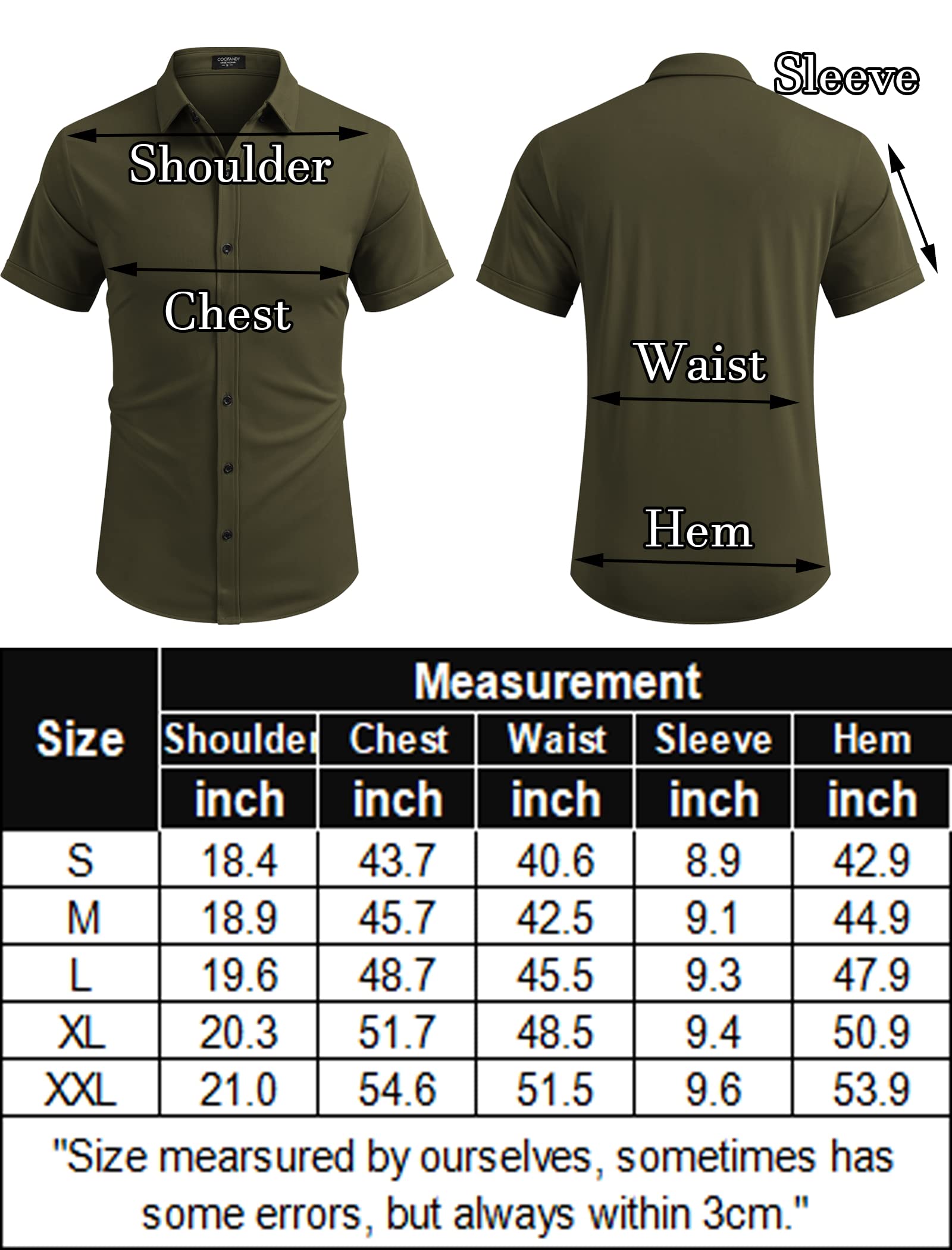 COOFANDY Mens Shirt Dress Button Up Wrinkle Free Casual Slim Fit, Army Green, Medium, Short Sleeve