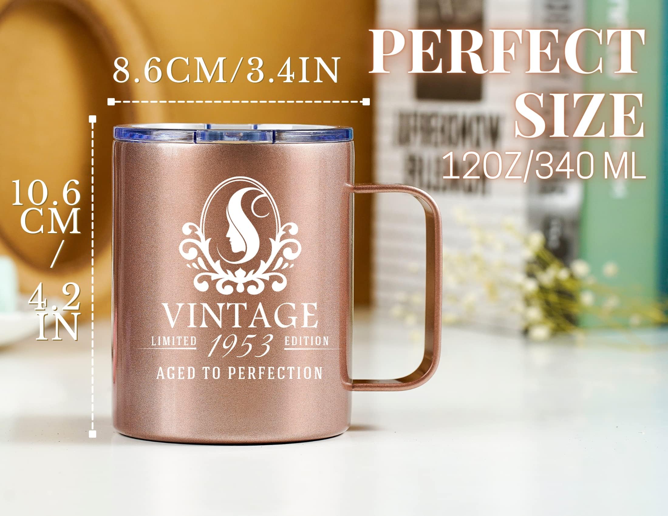 Onebttl 71th Birthday Gifts for Women, 1953 Birthday Gifts, Vintage 1953 Age to Perfection, 71th Birthday, 12oz Insulated Stainless Steel Wine Tumbler, Rose Gold