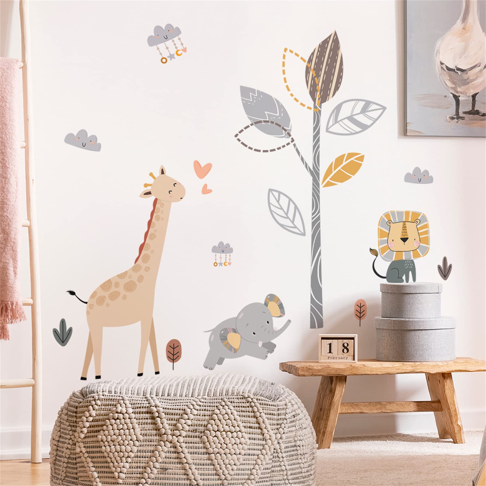 Laoyello Safari Elephant Tree Wall Decals Peel and Stick Giraffe Stickers Jungle Nursery Wallpaper Boho Rainbow Baby Room Wall Decor