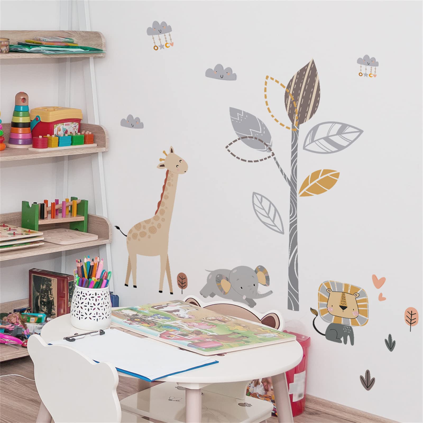 Laoyello Safari Elephant Tree Wall Decals Peel and Stick Giraffe Stickers Jungle Nursery Wallpaper Boho Rainbow Baby Room Wall Decor