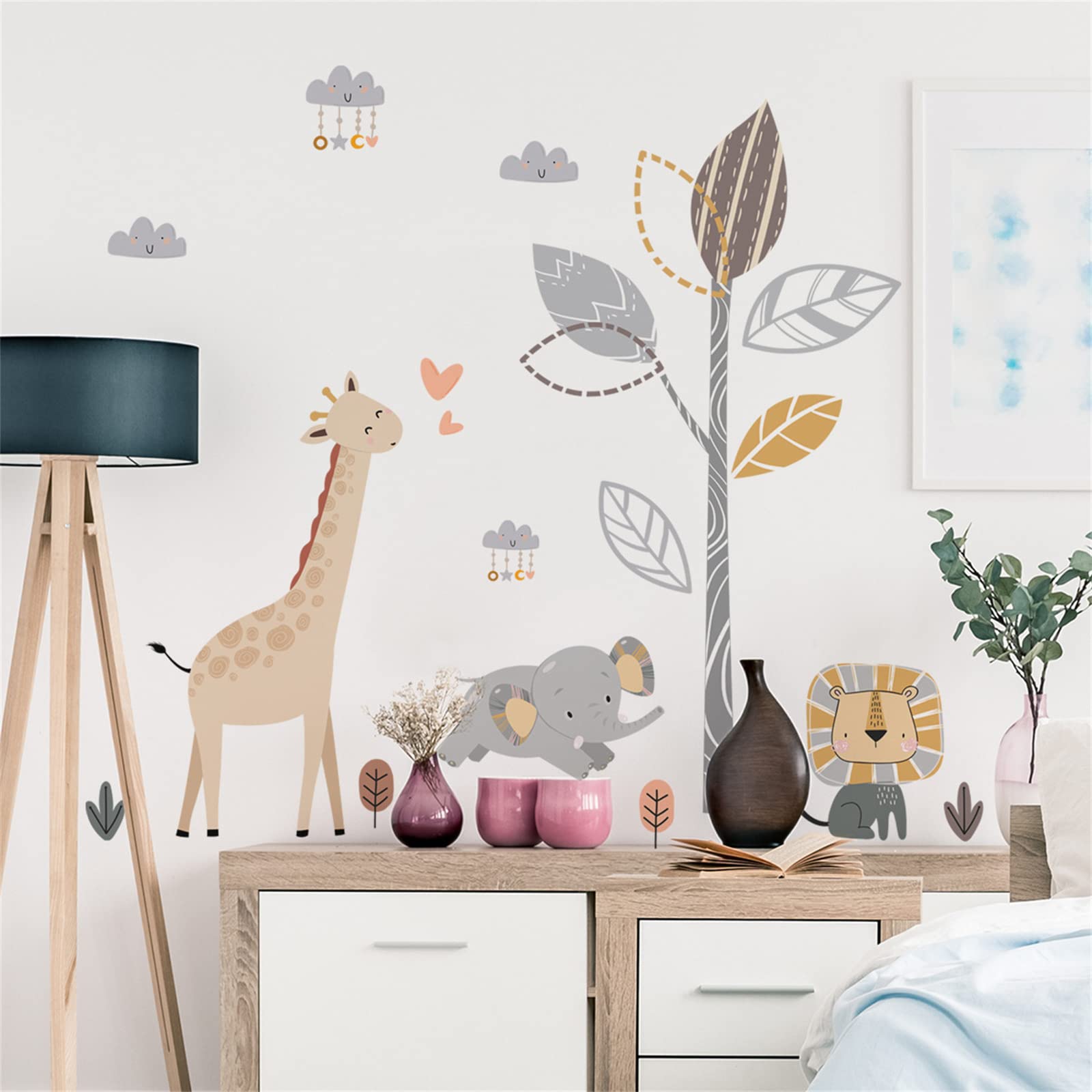 Laoyello Safari Elephant Tree Wall Decals Peel and Stick Giraffe Stickers Jungle Nursery Wallpaper Boho Rainbow Baby Room Wall Decor