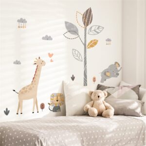 Laoyello Safari Elephant Tree Wall Decals Peel and Stick Giraffe Stickers Jungle Nursery Wallpaper Boho Rainbow Baby Room Wall Decor