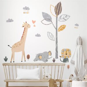 Laoyello Safari Elephant Tree Wall Decals Peel and Stick Giraffe Stickers Jungle Nursery Wallpaper Boho Rainbow Baby Room Wall Decor