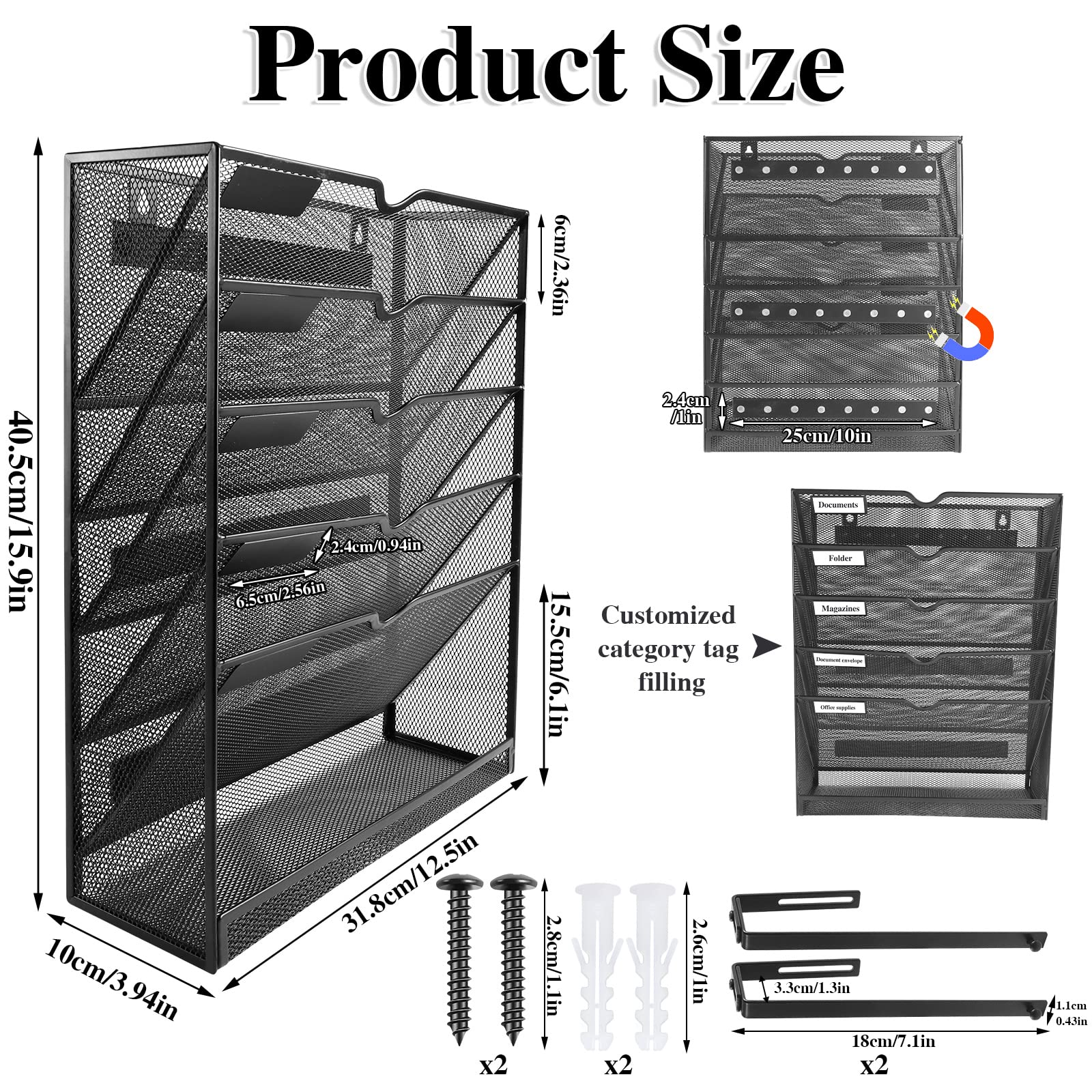 5+1 Tier Magnetic File Holder for File Cabinets, Black Magnetic Folder Holder Magnetic Mail Holder Paper Holder for Blackboard Whiteboard, 12.6 x 4 x 15.9 Inch