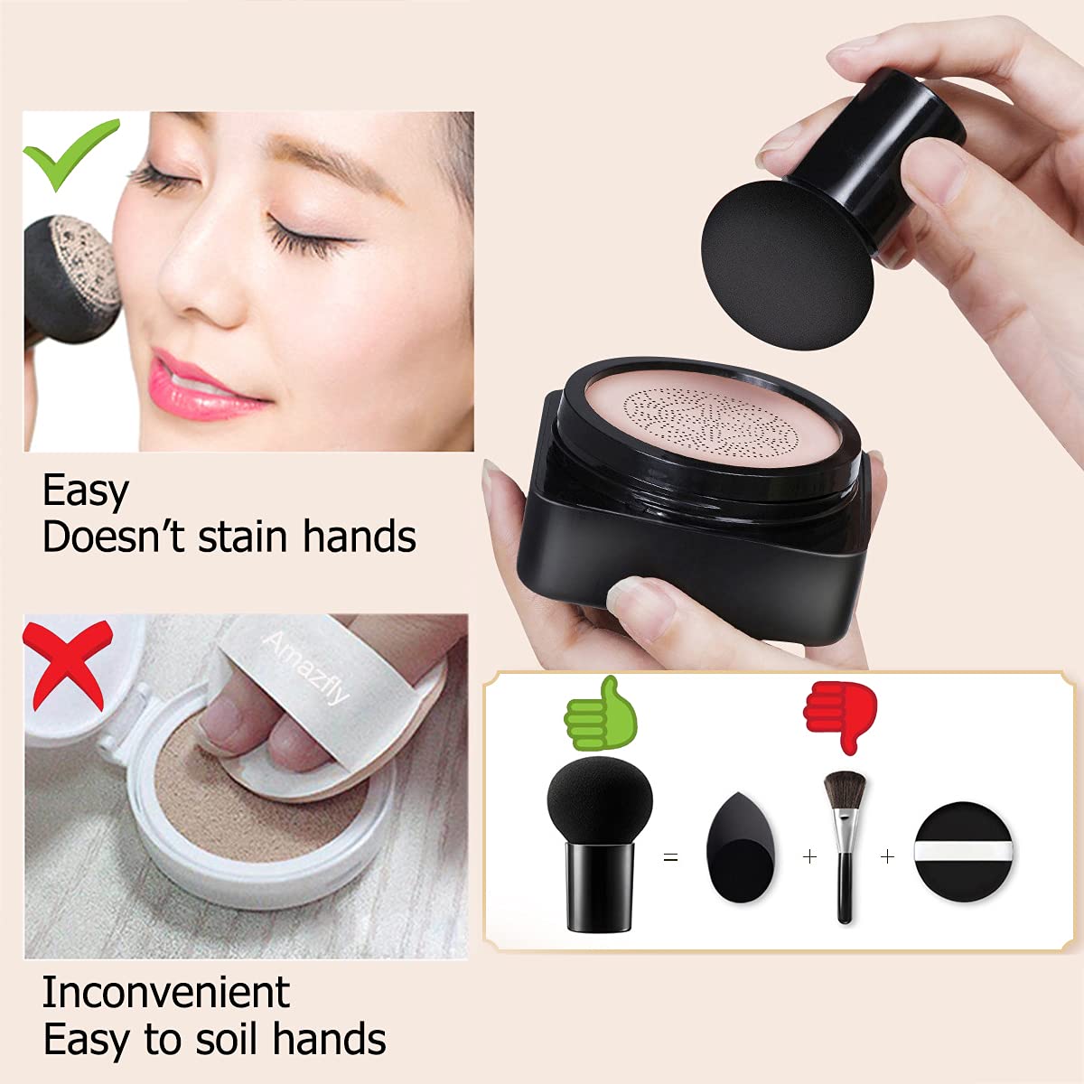 Air Cushion CC Cream Mushroom Head Foundation, 2 PCS Amazfly Moisturizing BB Cream Face Primer Makeup Long Lasting Matte Concealer Bright Makeup Base Long Lasting with Mushroom Makeup Sponge and Powder Brush (CHAFFUL Natural)