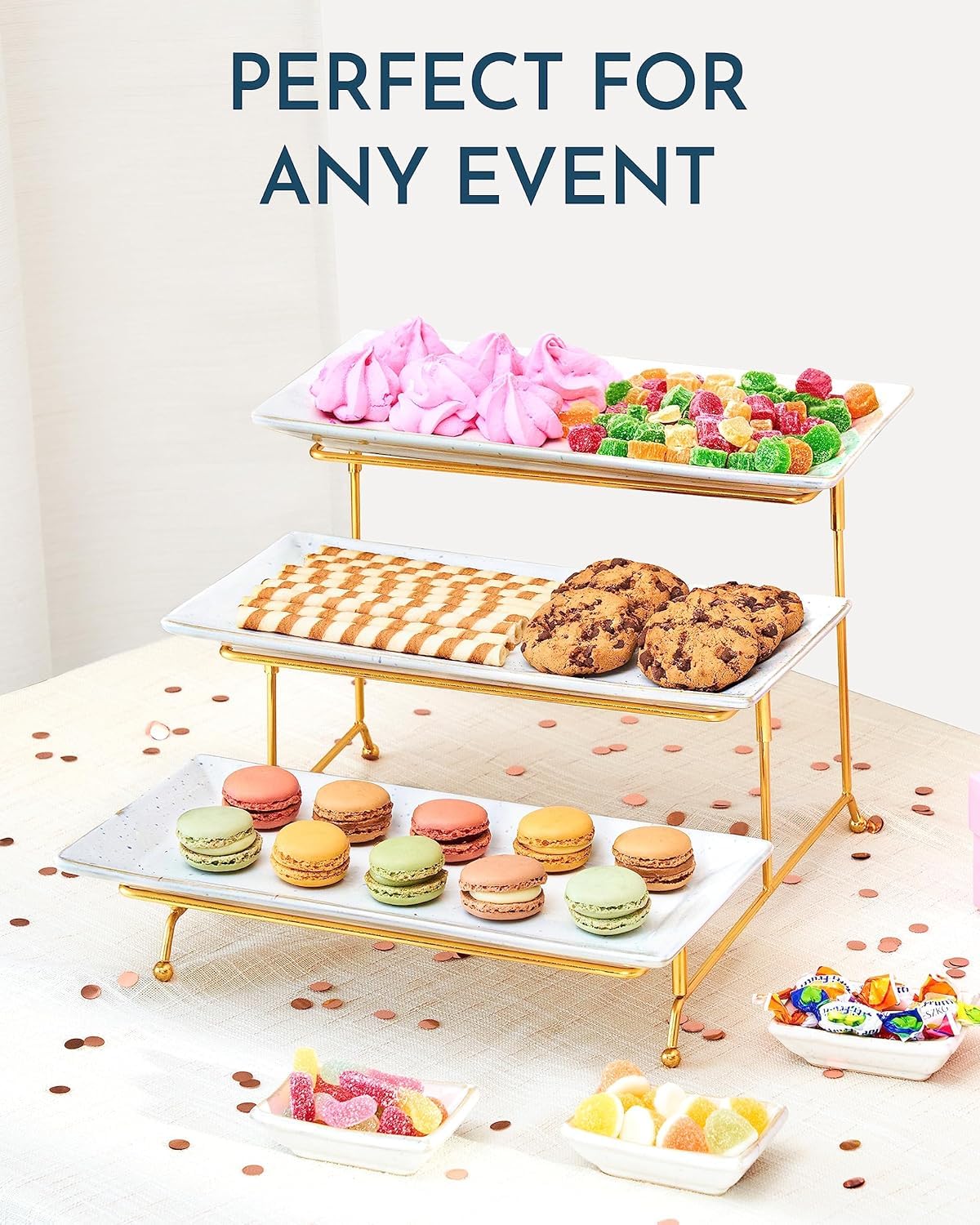 3 Tier Gold Serving Tray Stand with Dipping Bowls - Dessert and Fruit Platter for Hosting, Parties, Celebrations - Swiveling Collapsable Stackable