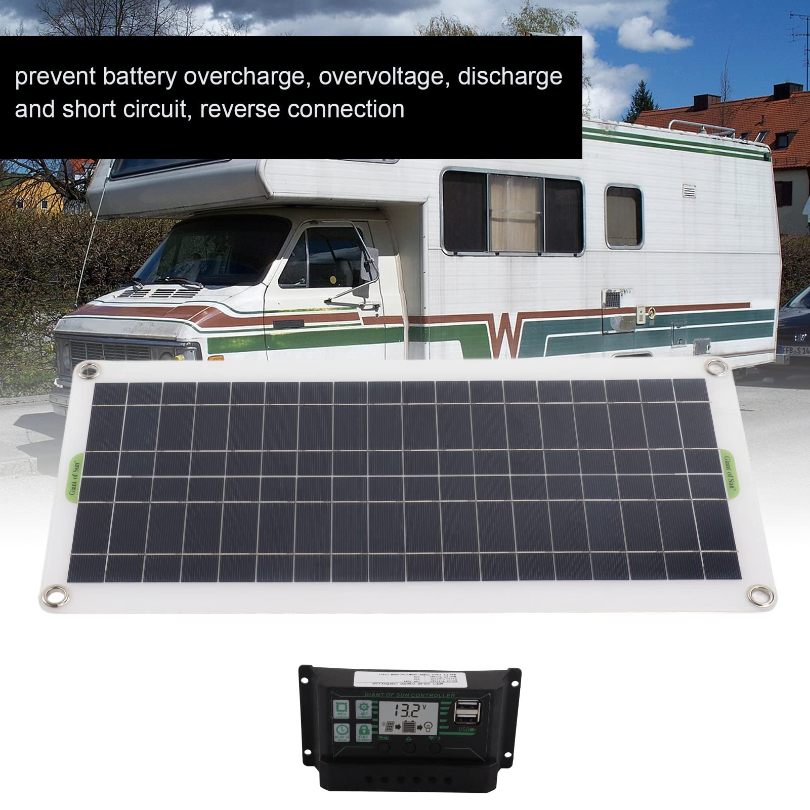 Gugxiom 30W 12V Solar Panel with 30A Voltage Controller, Polycrystalline Solar Panel Kit with Cigarette Lighter Line and Battery Clip Line, for Car, Camping, etc.