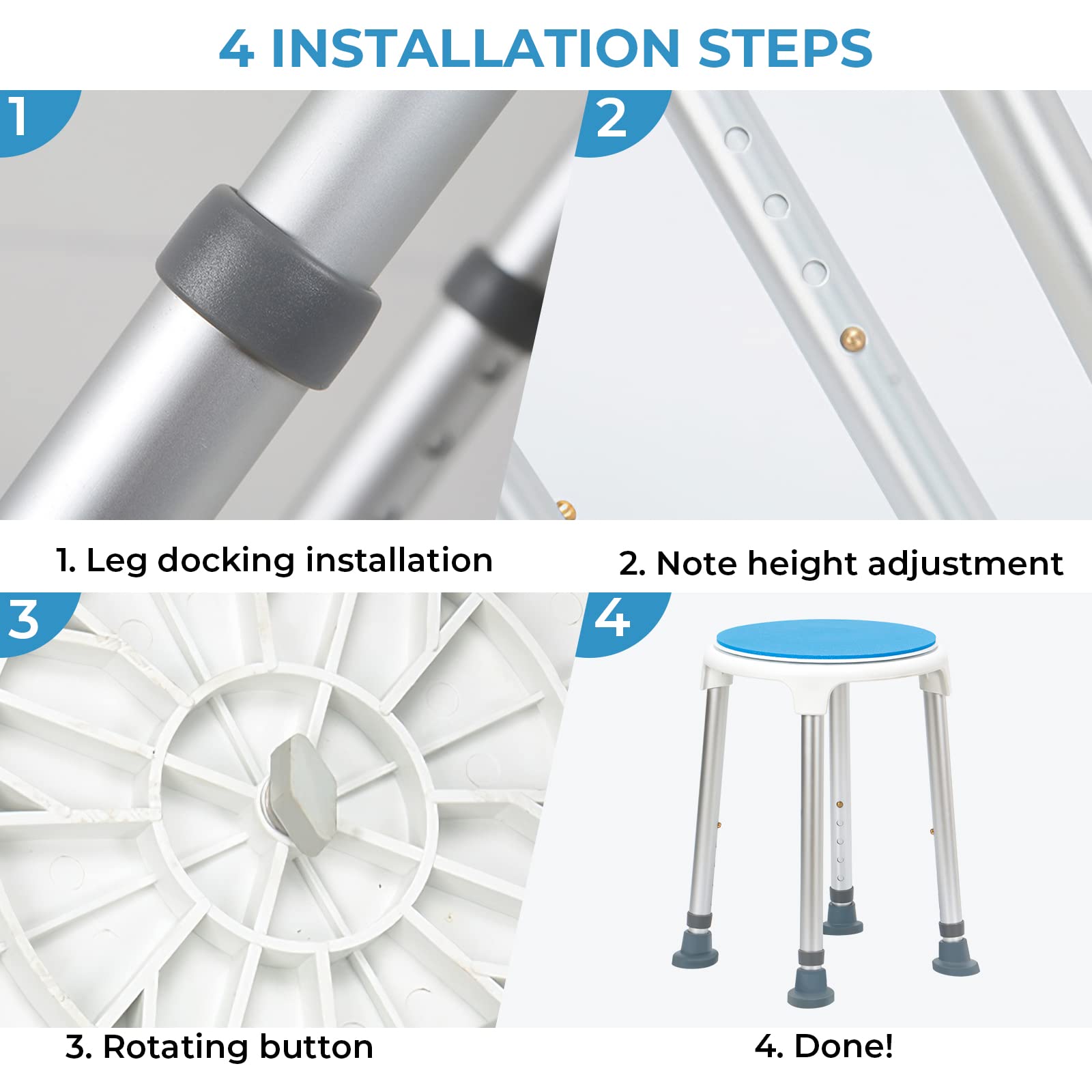 KSITEX Shower Stool for Inside Shower Swivel Shower Chairs for Seniors Adjustable Round Shower Seat Bath Seat Tool-Free Assembly 5 Adjustable Heights from 19''-21'' Load 350LB