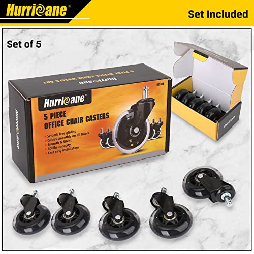 HURRICANE Office Chair Caster, Replacement Rubber Chair Wheel, Heavy-Duty Casters, Chair Wheels Set of 5, for Tile, Hardwood Floor and Carpet, 3 Inch, Flexible 360°Steering, Universal Fit