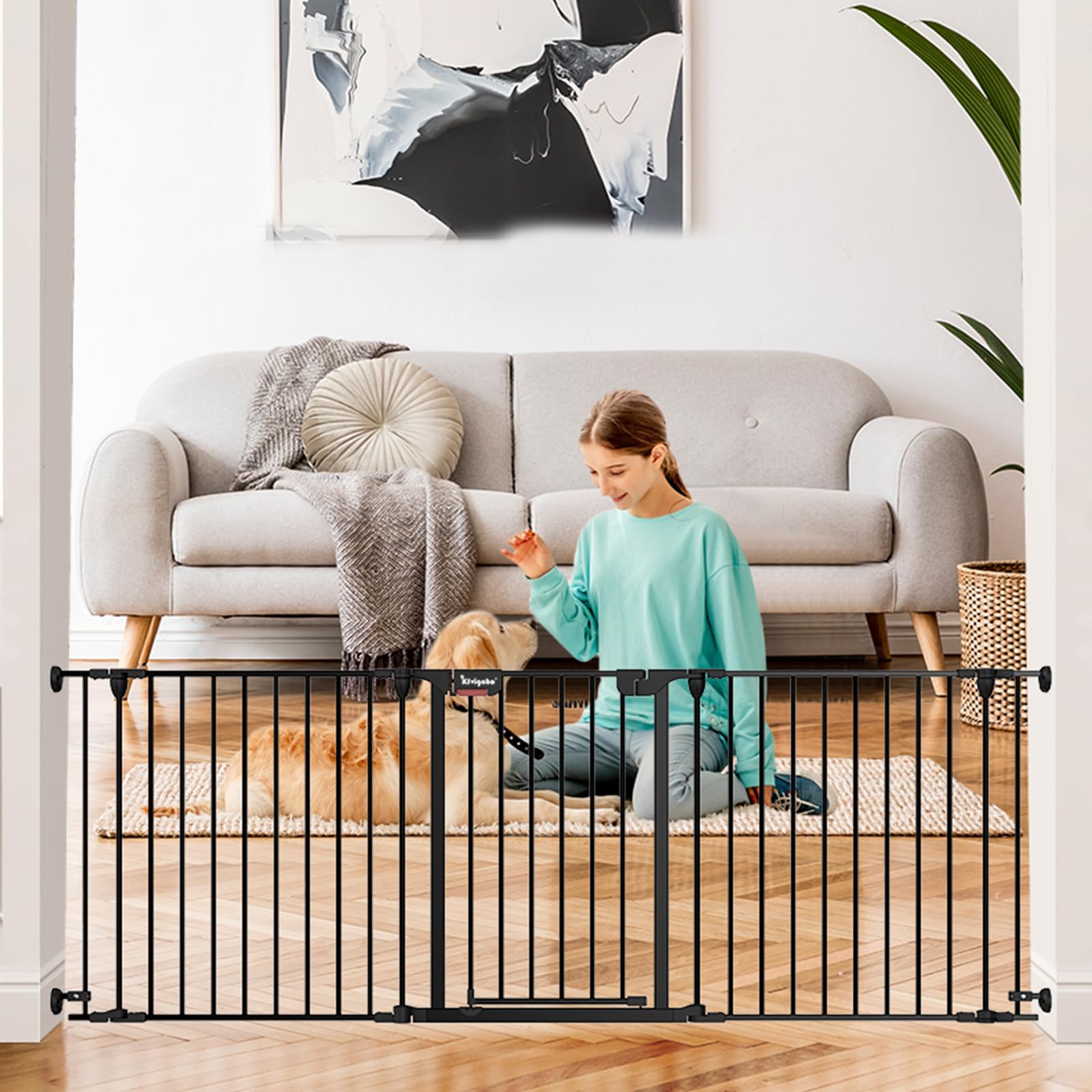 Baby Gate for Stairs, Dog-gate with Auto-Close Door, Double Locking System, Hardware Mounting, Quick Assembly (81 inch Black)