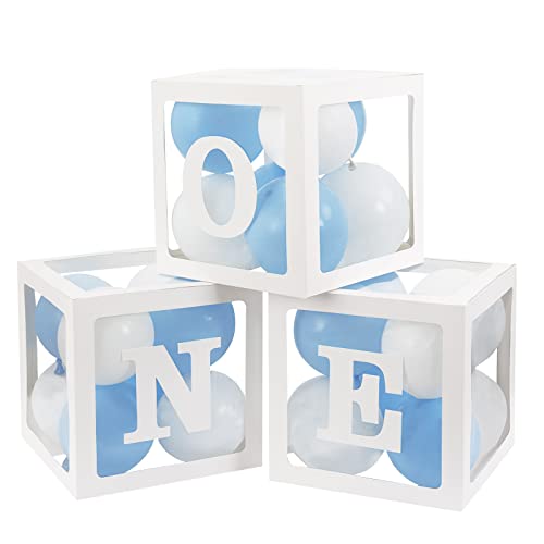 RUBFAC One Boxes for 1st Birthday, First Birthday Decoration for Boy, 3pcs Baby Shower Boxes with 24pcs Balloons ‘ONE’ ‘TWO’ Letters for Birthday Backdrop Photoshoot Props Anniversary