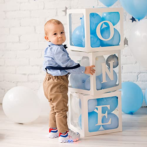 RUBFAC One Boxes for 1st Birthday, First Birthday Decoration for Boy, 3pcs Baby Shower Boxes with 24pcs Balloons ‘ONE’ ‘TWO’ Letters for Birthday Backdrop Photoshoot Props Anniversary