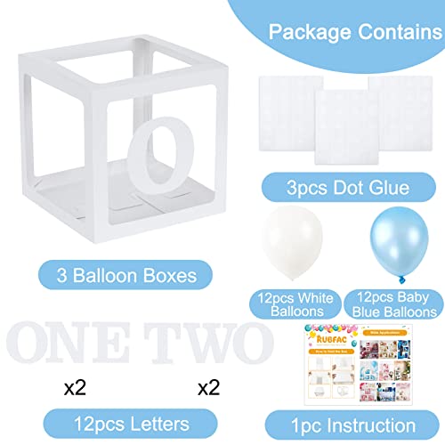 RUBFAC One Boxes for 1st Birthday, First Birthday Decoration for Boy, 3pcs Baby Shower Boxes with 24pcs Balloons ‘ONE’ ‘TWO’ Letters for Birthday Backdrop Photoshoot Props Anniversary