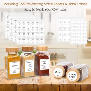 24 Pcs Glass Spice Jars with Airtight Bamboo Lids, 6oz 180ml Empty Square Seasoning Bottles Containers with Shaker Lids, Labels, Measuring Spoon& Silicone Funnel Good for Spice Rack Cabinet Drawer