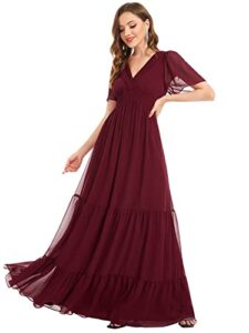 ever-pretty women's chiffon v neck back lace up short sleeves pleated maxi bridesmaid dress burgundy us10