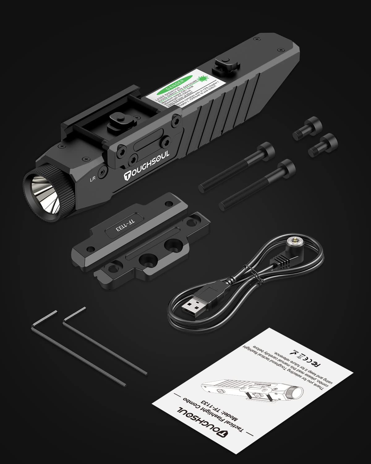 TOUGHSOUL Tactical Flashlight Green Red Laser Sight Combo, 1450 Lumen Picatinny Rail MLOK Mounted Rechargeable Rifle Flashlight (Green Laser)