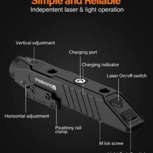 TOUGHSOUL Tactical Flashlight Green Red Laser Sight Combo, 1450 Lumen Picatinny Rail MLOK Mounted Rechargeable Rifle Flashlight (Green Laser)