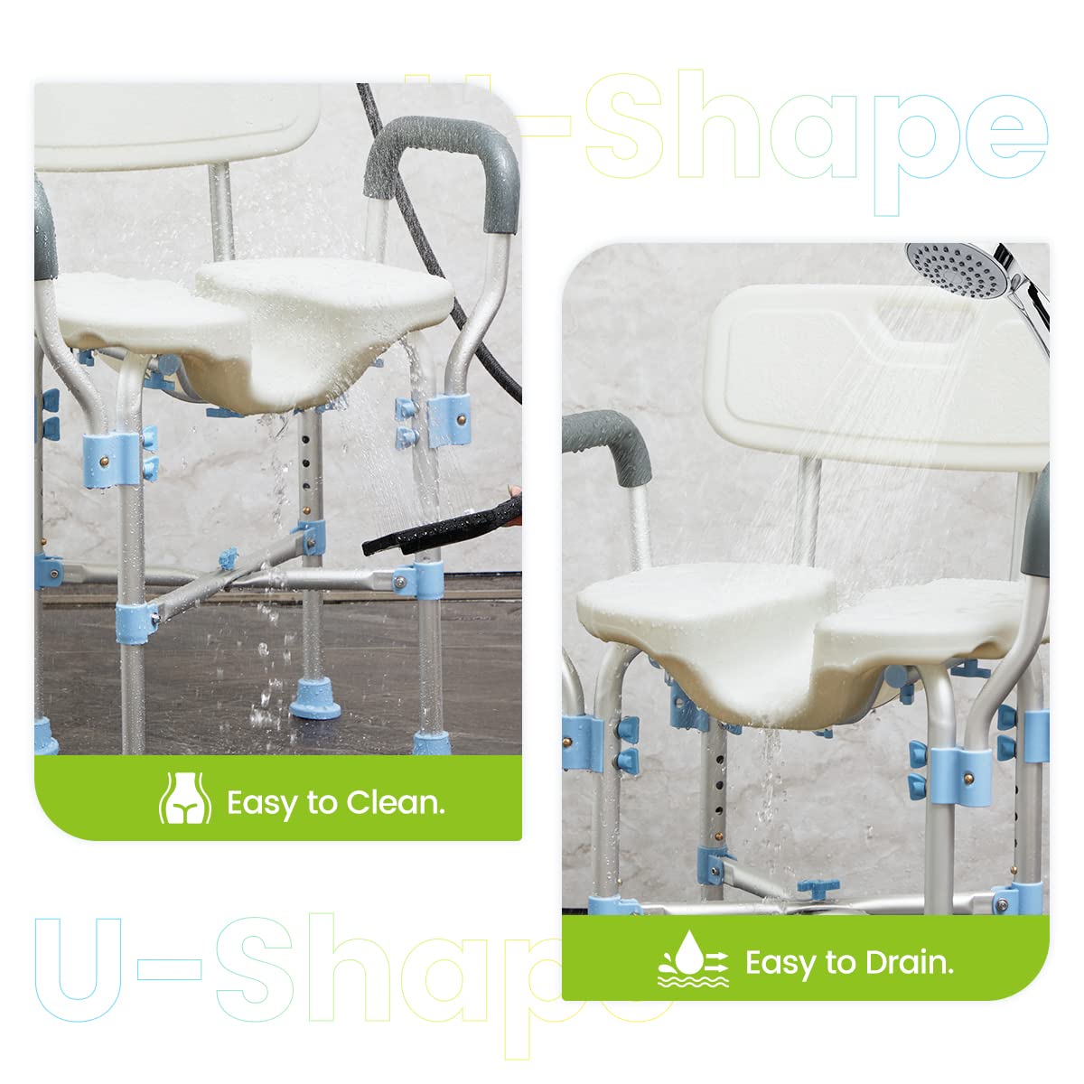 OasisSpace Shower Chair with Armrests and Back 500lbs, Non-Slip Bath Support Recovery Chair and Upgraded U-Shaped Shower Seat for Elderly,Handicap,Disabled,Seniors& Pregnant, Cutout for Easy Cleaning