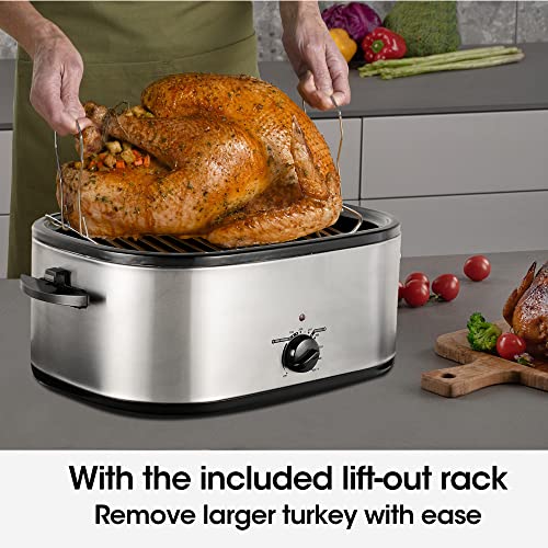 Sunvivi 26 Quart Electric Roaster Oven Turkey Roaster with Lid Electric Roasters with Removable Pan Large Roaster, Visible & Self-basting Lid, Fast Heating & Thaw/warming Setting, Silver