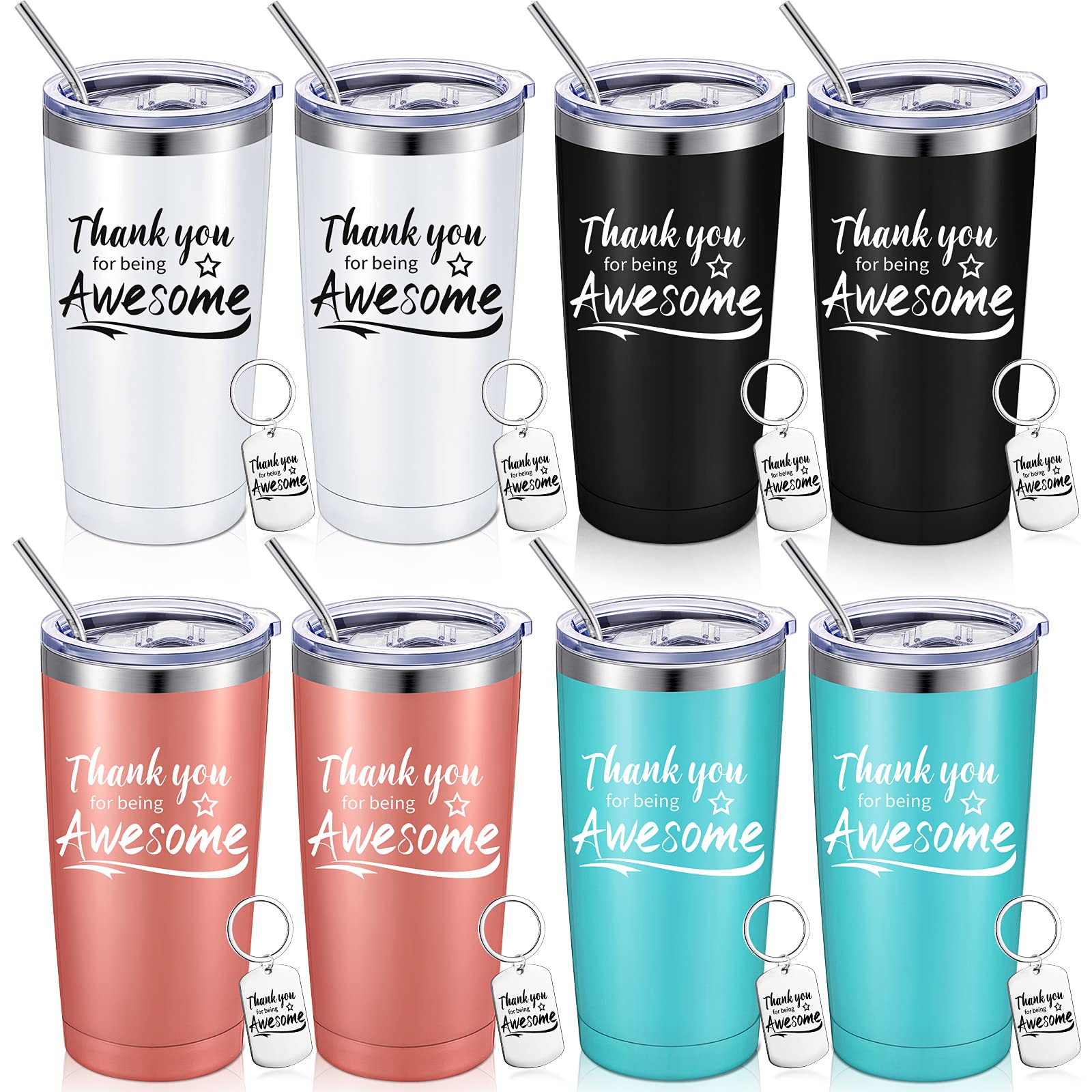 Sieral Thank You for Being Awesome Tumbler,Thank You Gifts for Women Men 20oz Insulated Stainless Steel Travel Tumbler with Lid and Straw Appreciation Gift with Keychain (Classic Color,16 Pieces)