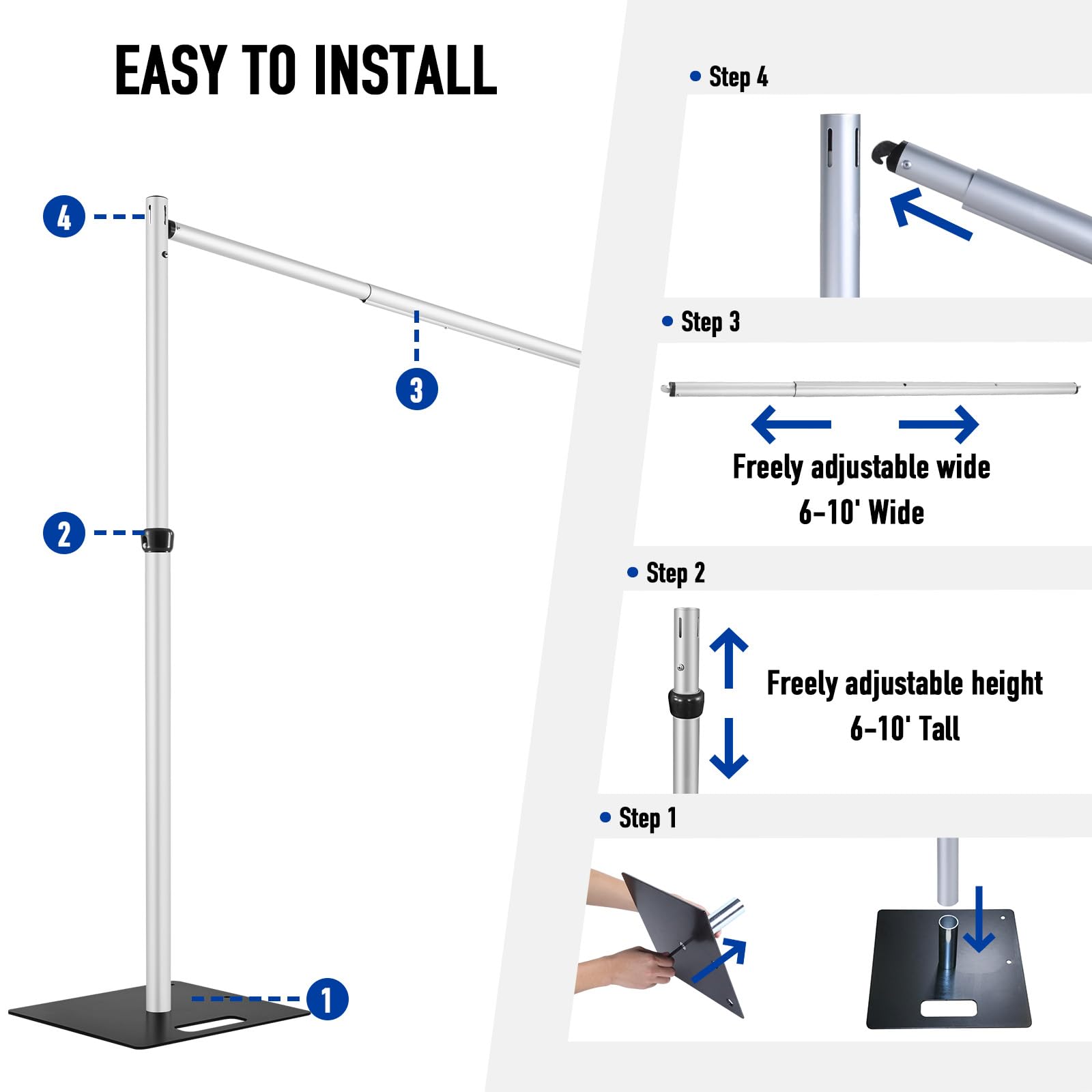 Hecis 10x10Ft Pipe and Drape Kit, 6-10' Tall x 6-10' Wide Adjustable Pipe and Drape Stand, Heavy Duty Backdrop Stand for Event, Party, Trade Shows and Wedding Decor