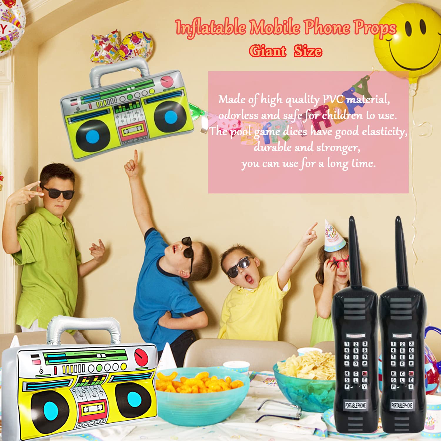 5 Pieces Inflatable Radio Boombox Inflatable Mobile Phone,Retro Mobile Phone Props for 80's 90's Party Decorations,Hip Hop Costume,Birthday Theme Party Photo Props