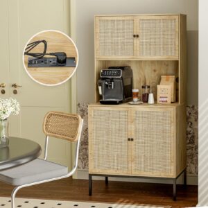 ikifly kitchen pantry rattan storage cabinet with outlet and usb ports, kitchen sideboard buffet cabinet with handmade rattan doors & large countertop, freestanding tall cupboard for home - natural