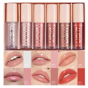 bangfeng 6pcs lip oil light lipgloss set, moisturizing hydrating lip glow oil lip gloss kit high shine lip plumping glass finish liquid lipstick for women (set a)