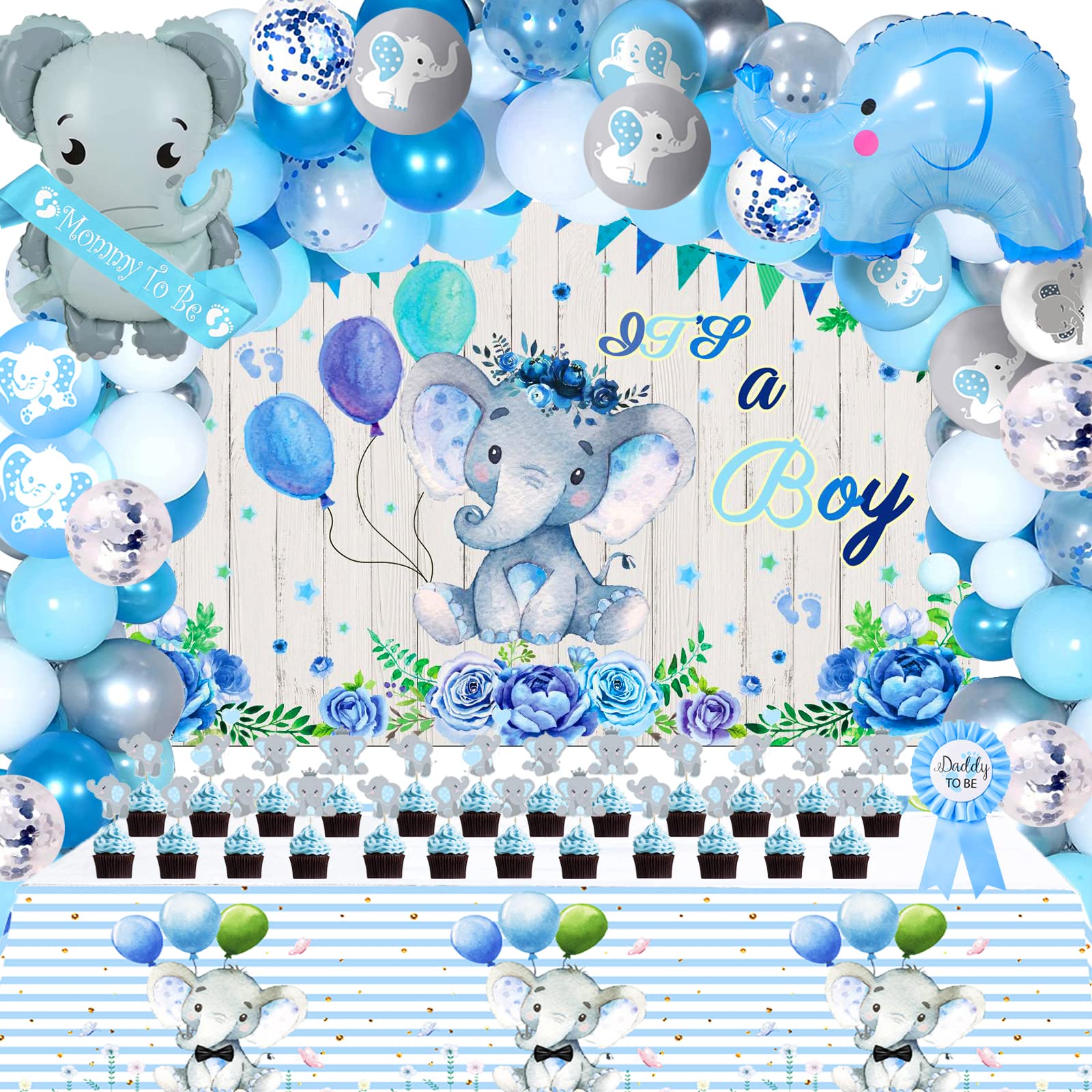 134PCS Elephant Baby Shower Decorations for Boy Baby Boy Shower Decorations Include Elephant Theme Balloon Garland Arch Kit Backdrop Tablecloth Cake Toppers Mommy Sash and Daddy Badge