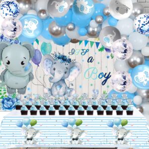 134PCS Elephant Baby Shower Decorations for Boy Baby Boy Shower Decorations Include Elephant Theme Balloon Garland Arch Kit Backdrop Tablecloth Cake Toppers Mommy Sash and Daddy Badge