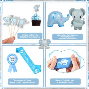 134PCS Elephant Baby Shower Decorations for Boy Baby Boy Shower Decorations Include Elephant Theme Balloon Garland Arch Kit Backdrop Tablecloth Cake Toppers Mommy Sash and Daddy Badge