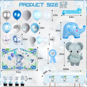 134PCS Elephant Baby Shower Decorations for Boy Baby Boy Shower Decorations Include Elephant Theme Balloon Garland Arch Kit Backdrop Tablecloth Cake Toppers Mommy Sash and Daddy Badge