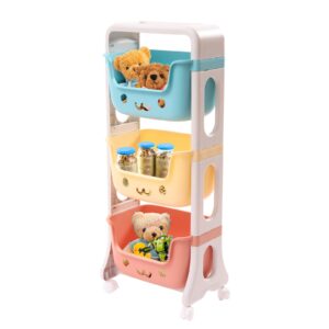 kids toy storage organizer, 3-tier rolling cart, children playroom decor doll activity rack shelf plastic bins box with universal wheels for children's rooms, kindergartens (multicolor)