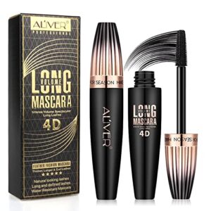 2 pack 4d silk fiber lash mascara, waterproof very black long lasting mascara, lengthening lifting multiplying curling natural eyelash primer brush, thickening softer lasting all day, 2 tube